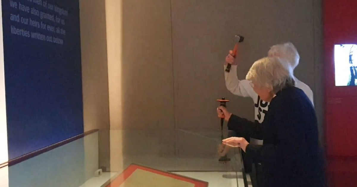 Elderly female climate activists smashed the Magna Carta display case ...